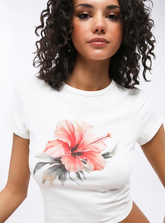Crop majica sa printom cveta hibiskusa Bela vuna