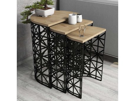 HANAH HOME Set 3 stočića Stil Metal Ferforje Oak
