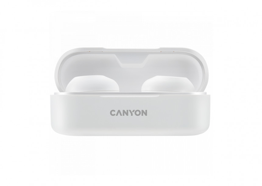 CANYON TWS-1 Bluetooth headset, with microphone, BT V5.0, Bluetrum AB5376A2, battery EarBud 45mAh*2+Charging Case 300mAh, cable length 0.3m, 66*28*24mm, 0.04kg, White