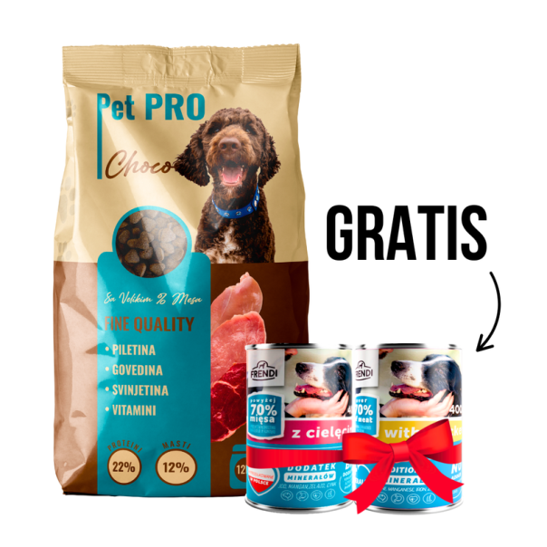 PET PRO Suva hrana za pse Choco 12kg + Gratis 2 x FRENDI Konzerva 400g