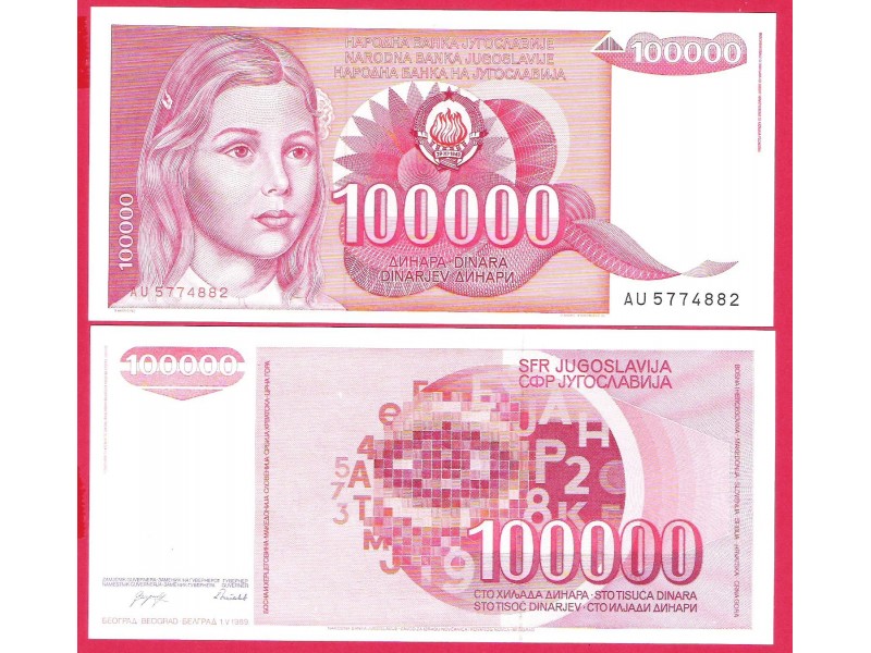 100000 Dinara 1989 Godina-(novcanica retka) UNC