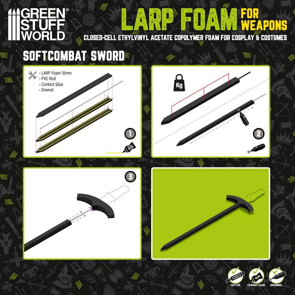 LARP Soft Foam for Weapons 45 Kg/m Black 300x1500mm 10mm