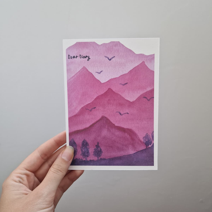 Art kartica Dear Diary sa planinskim pejzažem