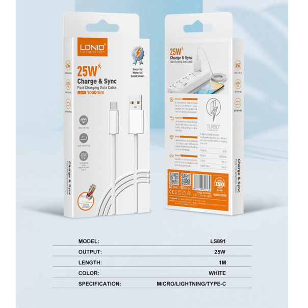 Kabel LDNIO LS891 25W Fast USB na Type-C beli 1m