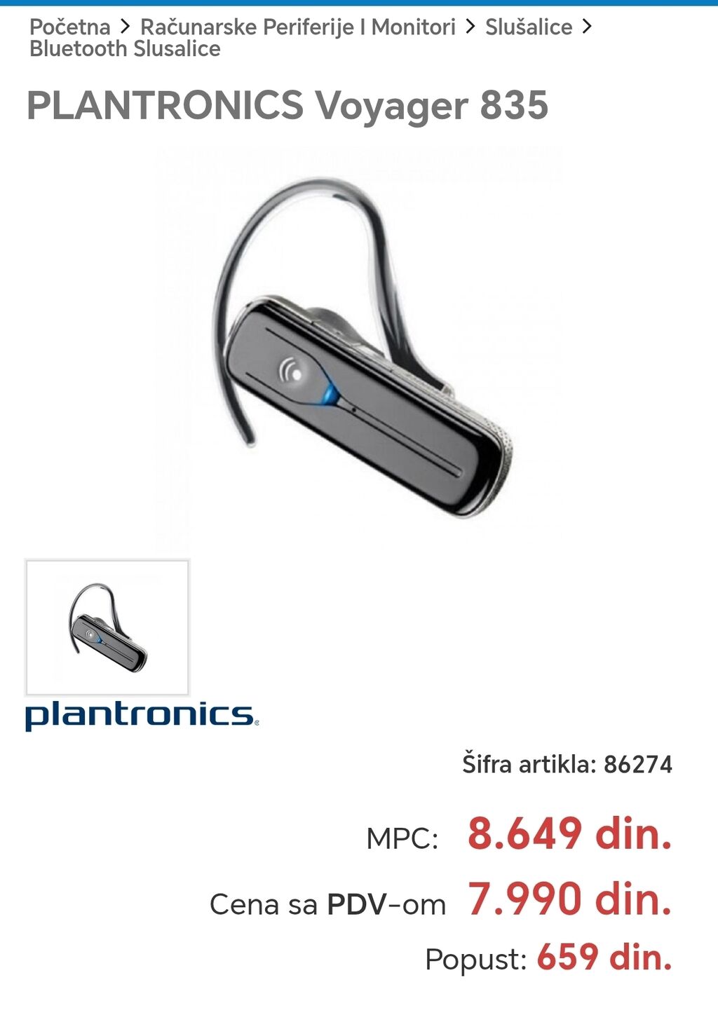 "PLANTRONICS VOYAGER® 835"® Bluetooth headset Enhanced Noise