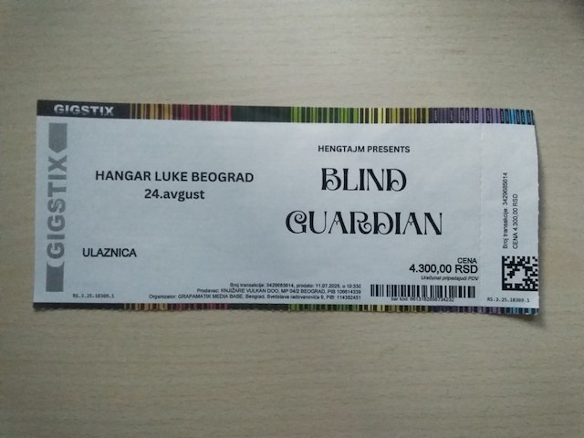 Ulaznica BLIND GUARDIAN 24.08.2025.