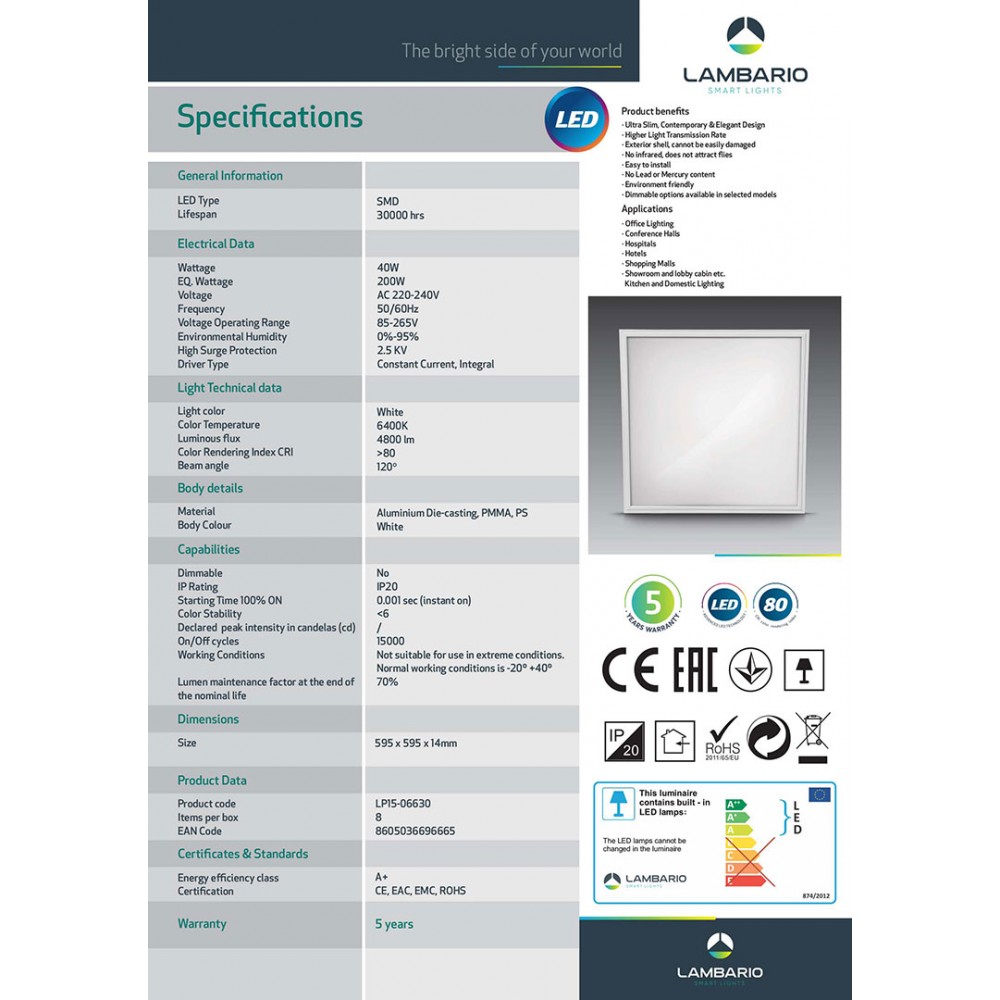 LED PANEL 600X600 40W 6.5K 5G