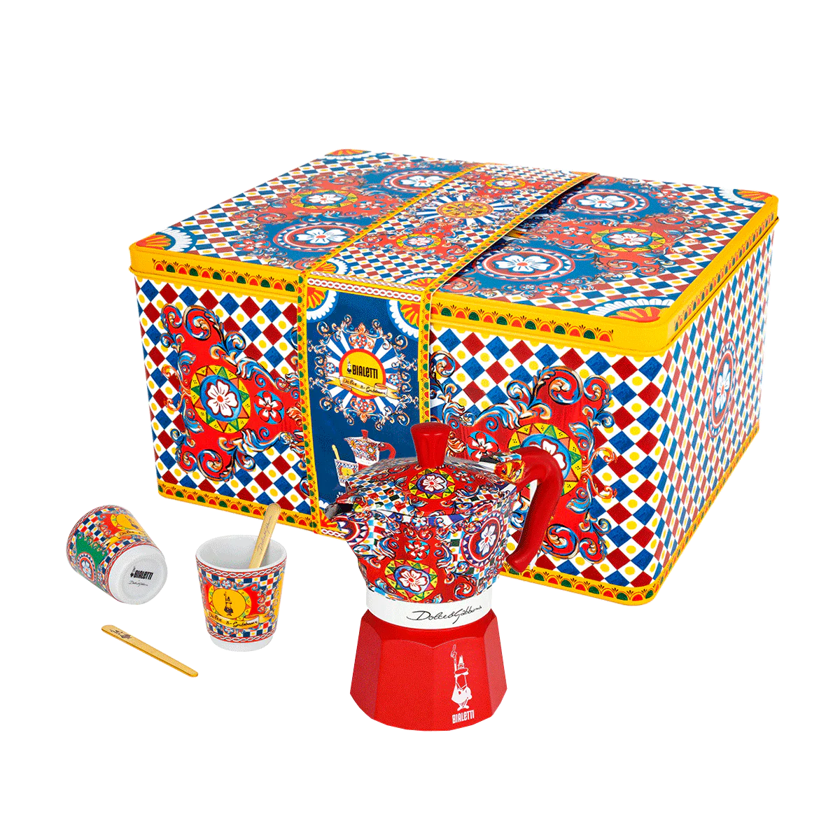 Bialetti Dolce & Gabbana Box Set Moka Express Carretto Siciliano za 2 šoljice, 2 porcelanske šoljice i 2 zlatne kašičice.