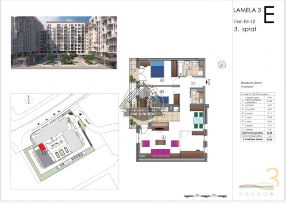 Tošin Bunar, Trosoban stan na prodaju, 84m2, 335.840€