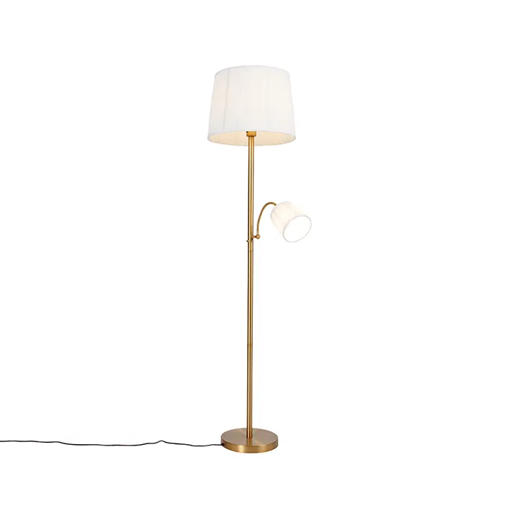 Klasična podna lampa bronzana sa belim platnenim abažurom i lampom za čitanje - Retro