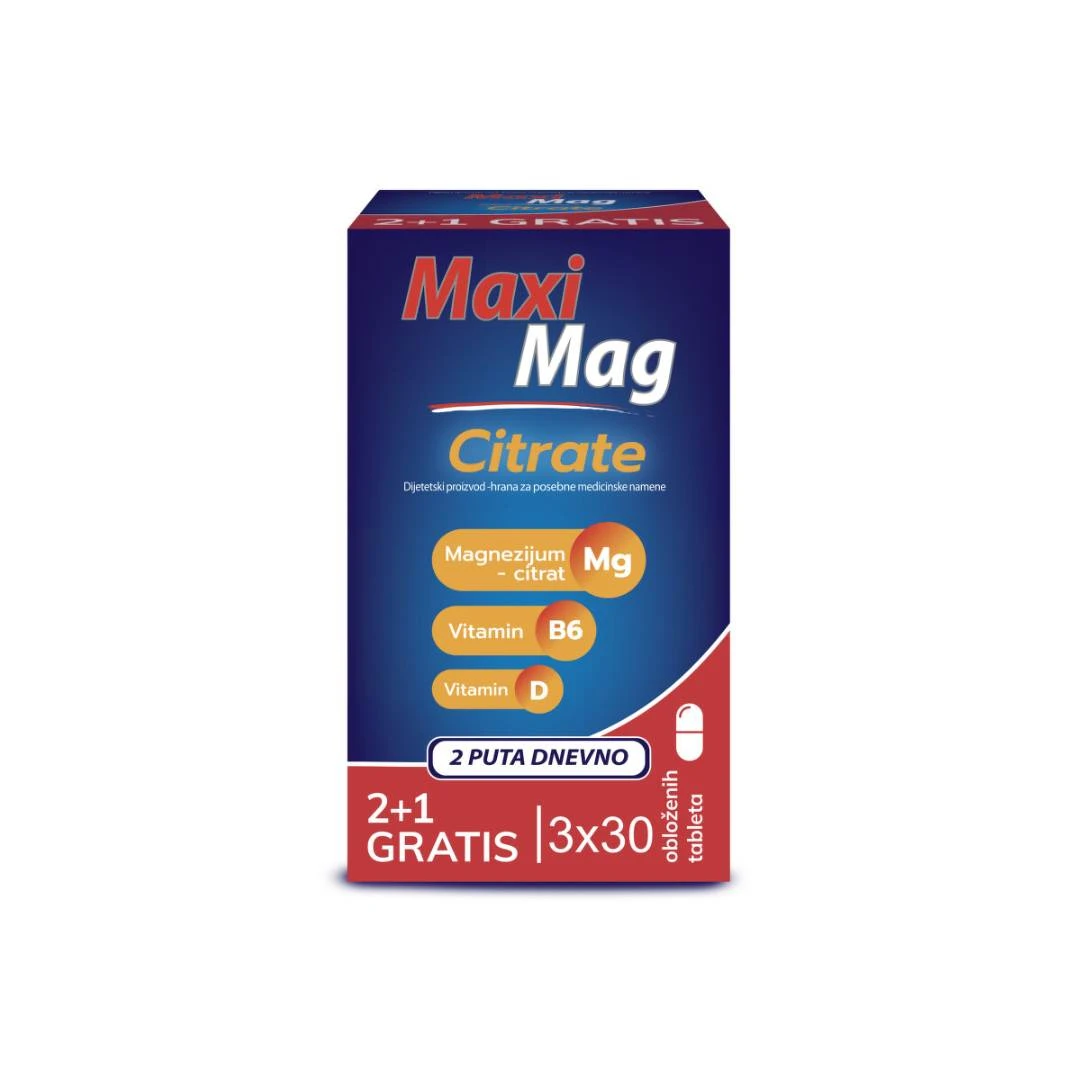 Maxi Mag Citrate 30 Tableta 2+1 GRATIS; Magnezijum Citrat, Vitamin B6 i Vitamin D