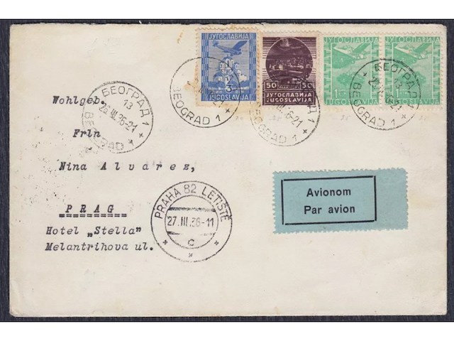 Yu 1936 Avionsko pismo poslato iz Beograda za Prag