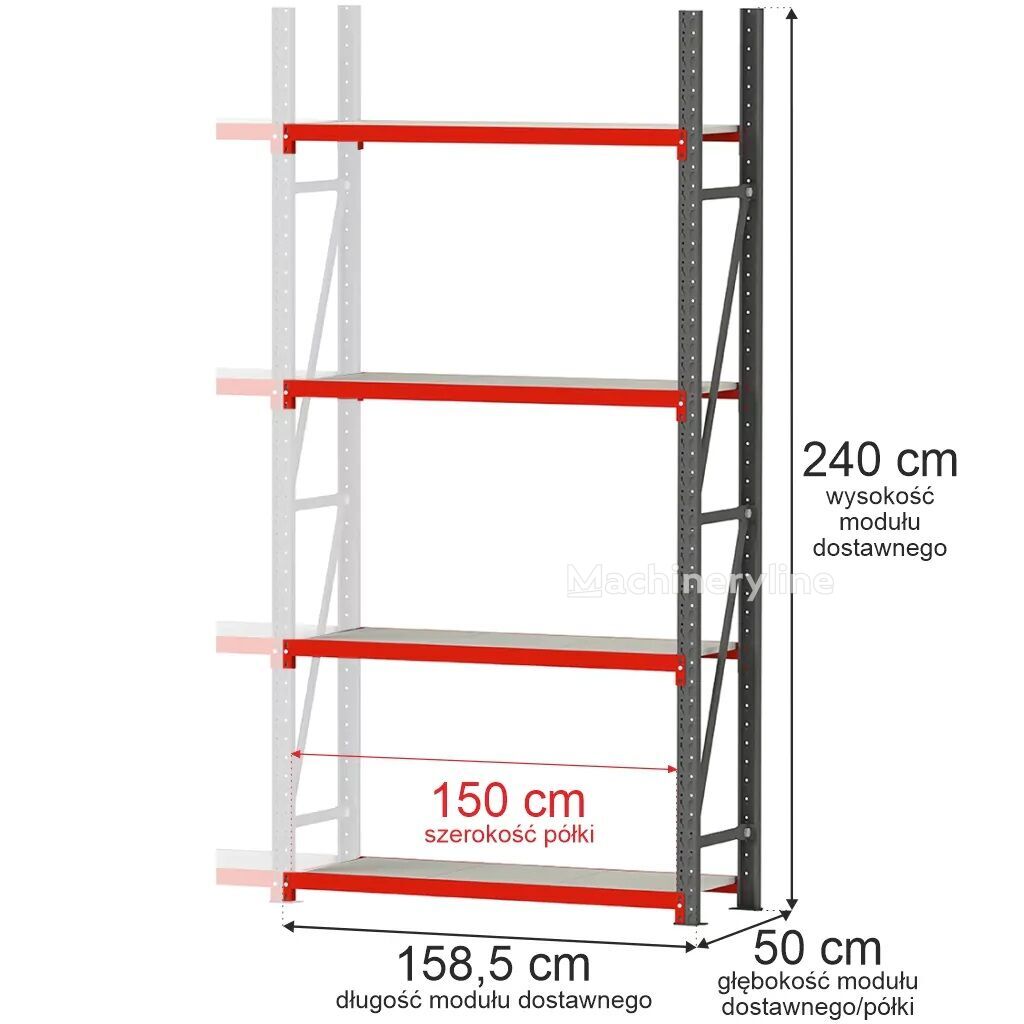 Novi Mega-M Regał magazynowy 4-półkowy Mega-M FORTIS 240×158,5×50 cm moduł d regal sa policama