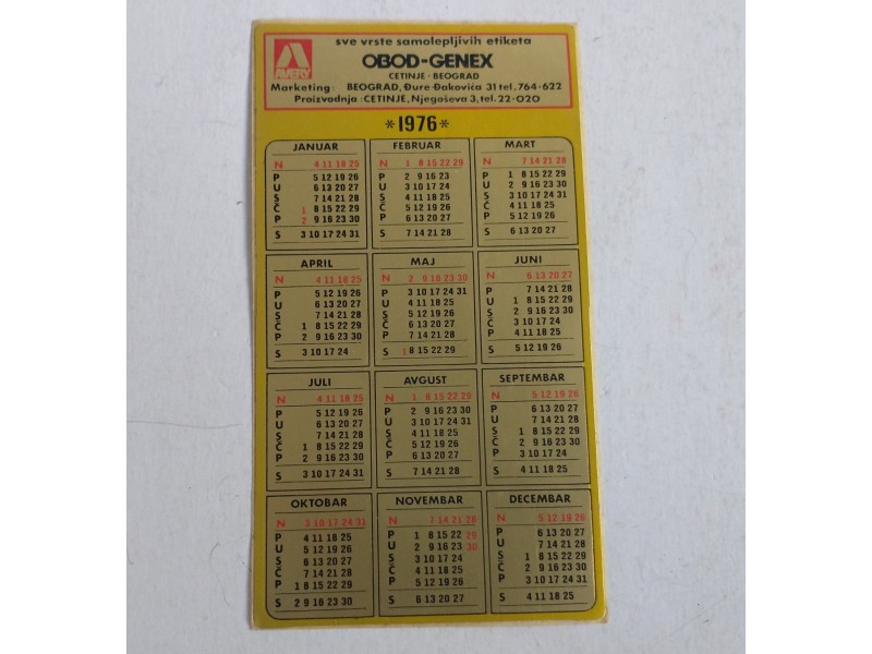kalendar mini OBOD-GENEX 1976 Jugoslavija