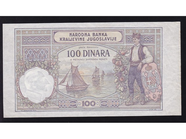JUGOSLAVIJA -- 100 DINARA 1929 - PROBA- ZADNJA STRANA -