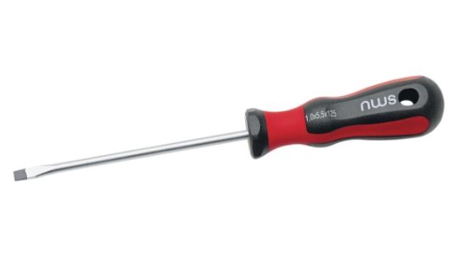 Odvijač ravni 0,5x3 mm dužine 100/185 mm, ergonomska drška i sečivo od molibden-vanadijum čelika, kaljeno i hromirano sa crnim vrhom NWS