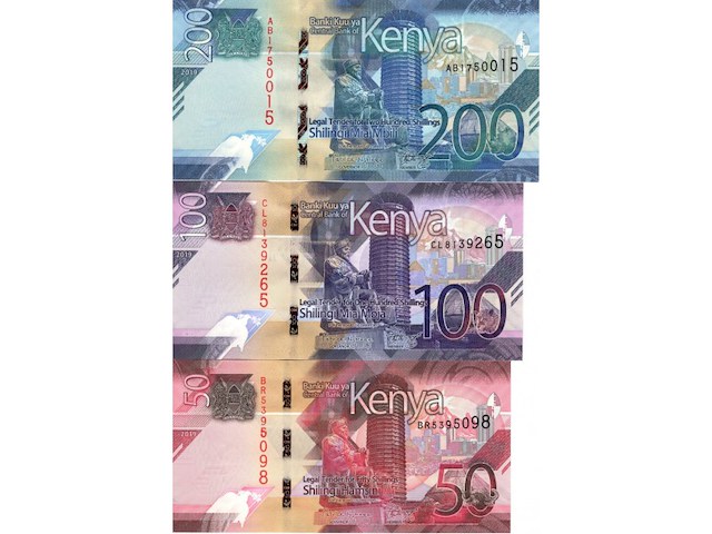 KENYA Kenija lot 50, 100 i 200 Shillings 2019 UNC