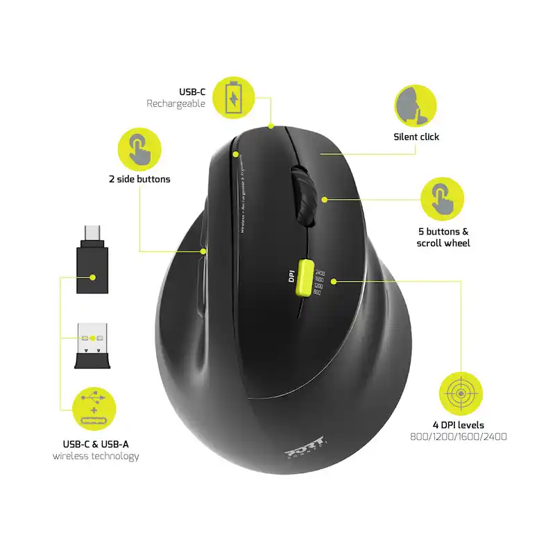 Bežični miš Port Designs Ergonomic 2.4 GHz Bluetooth punjivi
