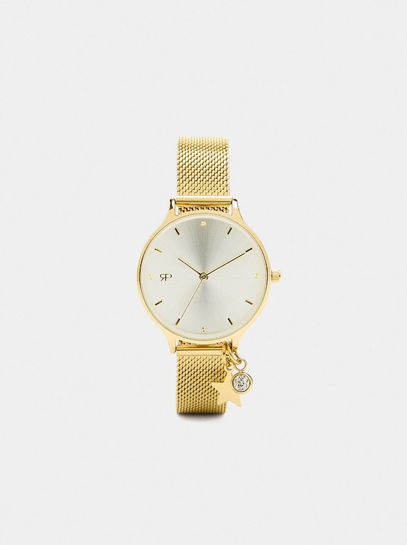 WATCH WITH METAL MESH BRACELET AND CHARM