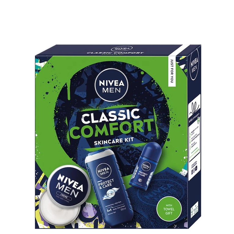NIVEA SET MEN CLASSIC COMFORT (GEL ZA TUŠIRANJE 250ML + ROLL-ON 50ML + MEN KREMA UNIVERZALNA 150ML + PEŠKIR)