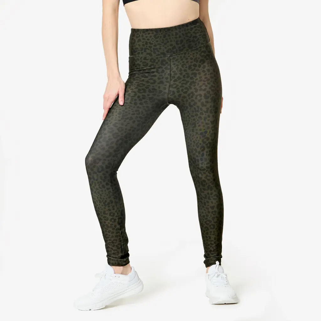 Kaki ženske helanke s visokim strukom i printom leoparda za fitnes