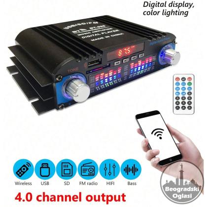 BT-998 FM radio bluetooth pojacalo 160W / 4 x 40W sa 4 izlaza ,nov duplo jaci model sa plavim brojevima na ekranu. Ima FM radio , buletooth 5.0, USB