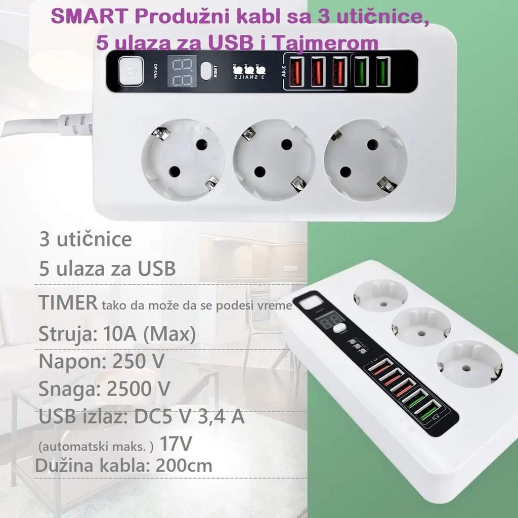 Cena 2250 din Produžni kabl POWER SOCKET sa 3 utičnice i 5 ulaza za