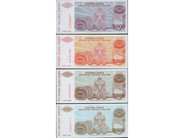 Rep.Srpska Krajina lot 4 novčanice 1993. UNC.