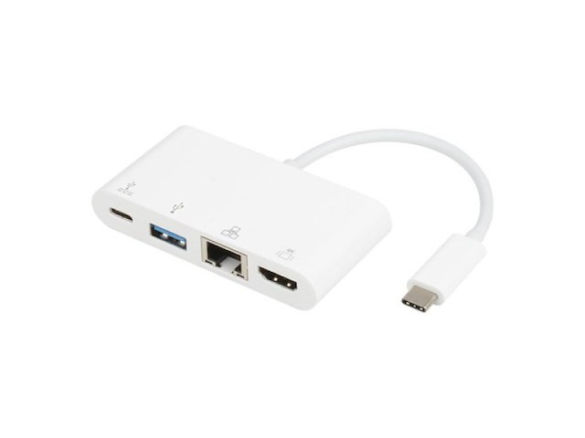 E-Green Adapter USB 3.1 tip C (M) - HDMI + USB3.0 + RJ45 + tip C (F) beli
