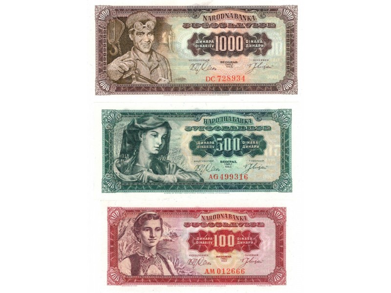 Jugoslavija lot 100, 500 i 1000 Dinara 1963 UNC
