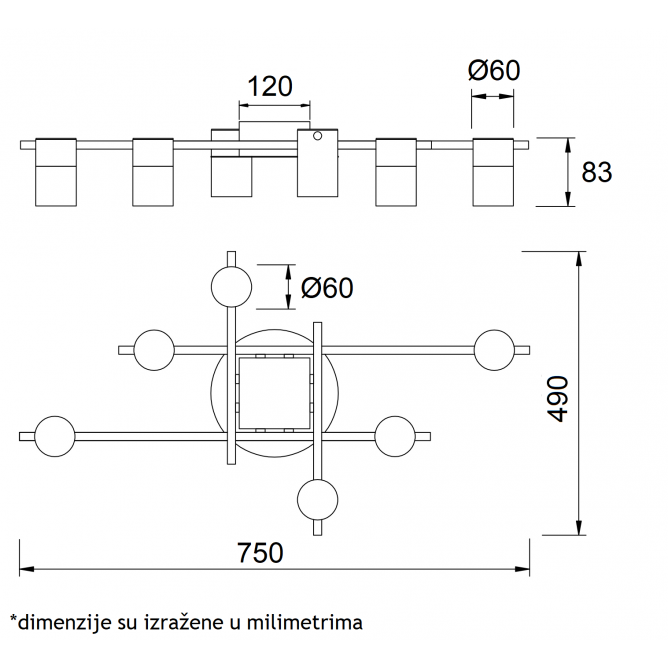 VESTA 378 PLAFONSKA SVETILJKA 6*GU10 MESING/CRNA