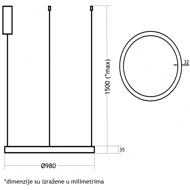 VESTA 518 VISILICA 80W 3000K CRNA (O 980 MM)