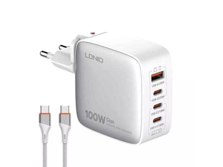 LDNIO Q408 GaN 100W 4x USB Kućni punjač sa USB C kablom beli