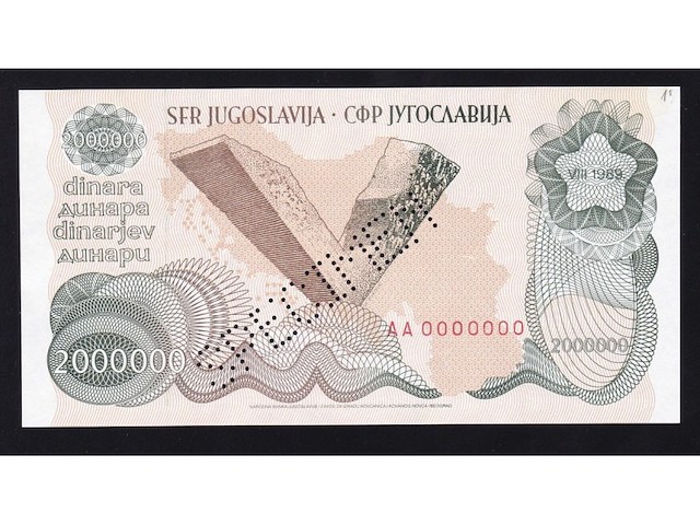 JUGOSLAVIJA -- 2000000 DINARA 1989 - SPECIMEN - XF+ --