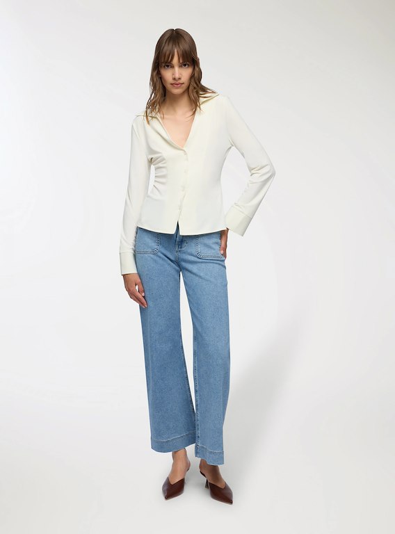 Slim fit košulja sa V izrezom Bela vuna