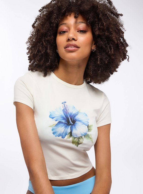 Crop majica sa printom cveta hibiskusa Var bela vuna