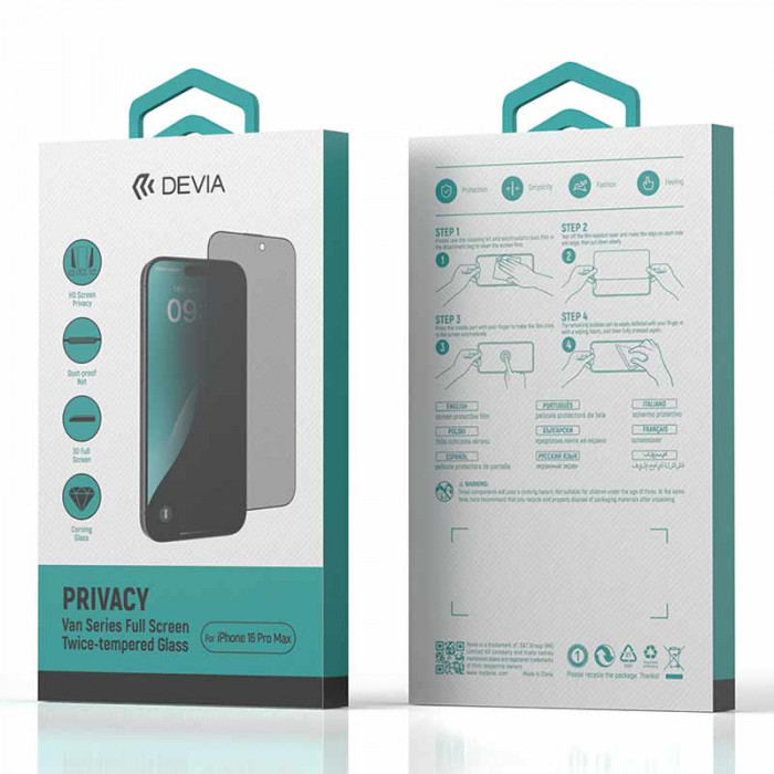 ZAŠTITNO STAKLO DEVIA VAN SERIES FULL SCREEN PRIVACY TWICE-TEMPRED ZA IPHONE 16 PLUS CRNA