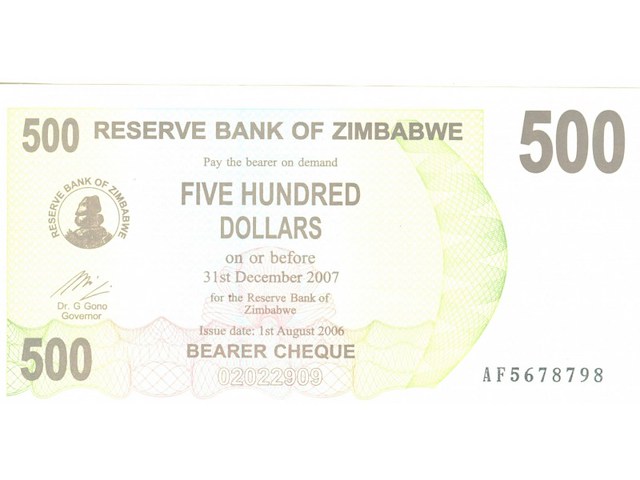 Zimbabwe 500 DOLLARS 2006 UNC