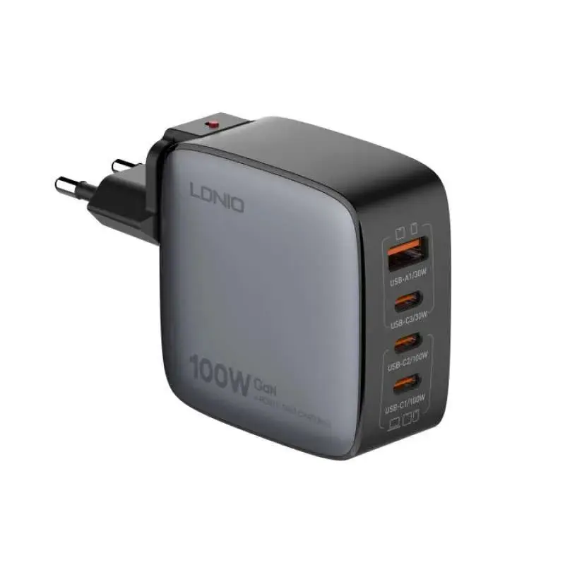 LDNIO Kućni punjač sa adapterima Q408 GaN PPS QC3.0 30W, 3xPD3.0 100W, 100W Max, a Type-C na Type-C kablom, Crni