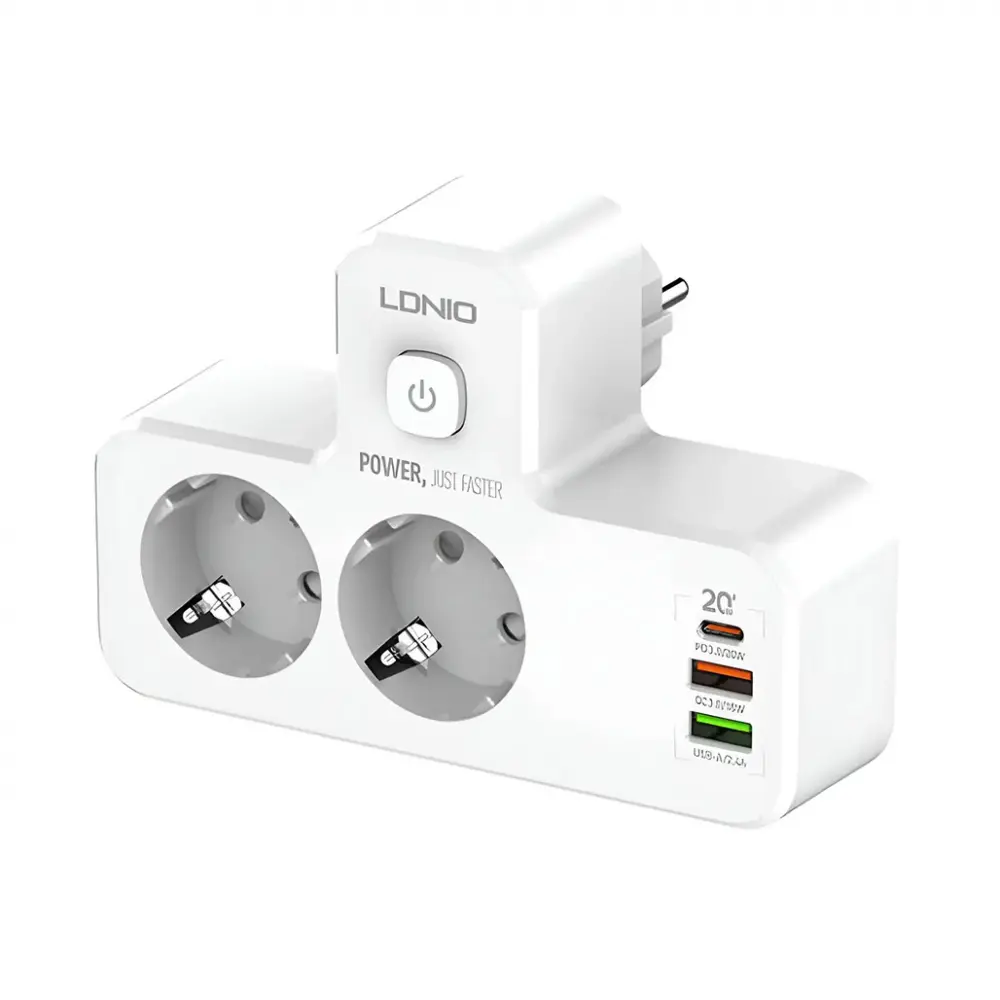 Ldnio Strujna utičnica sa prekidačem SE2337 2500W, 2 uticnice + 2xUSB QC3.0 18W, PD 20W, Bela