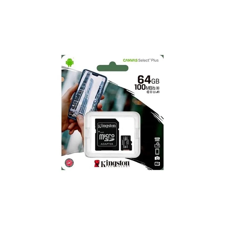 Kingston Micro SD 64GB Canvas Select Plus Class 10 UHS-I U1 V10 A1, Read Up To 100MB/S, W/SD Adapter