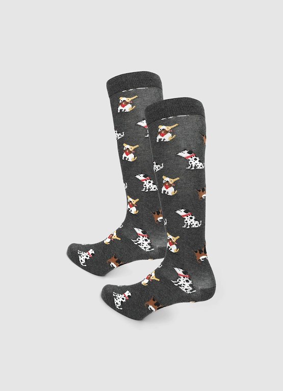 Long socks with dog print Var siva srednje melanž