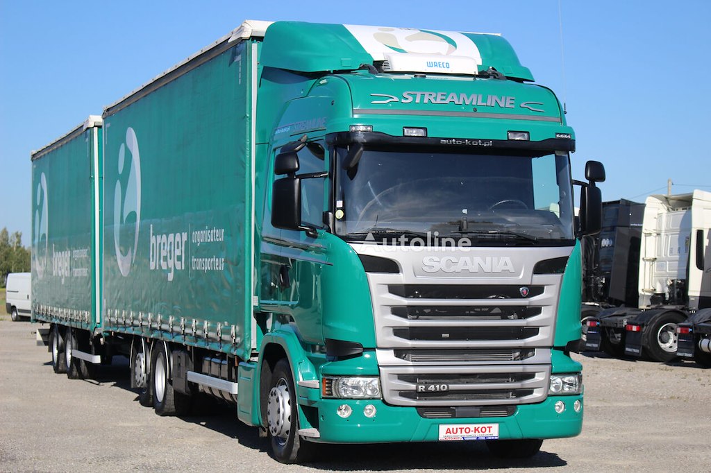 Scania R410 /6X2/ ZESTAW 120M /KLIMA POSTOJOWA / RETARDER/XENON/*SERWIS kamion sa klizna zavesa cerada + prikolica sa kliznom ceradom