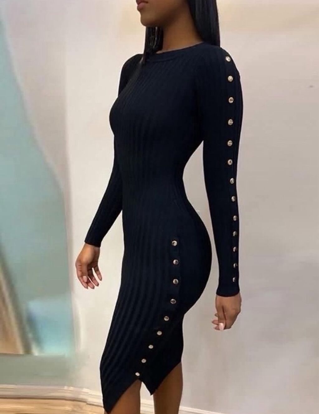 Ribana midi haljina sa dugmadima - Model: uska, rastegljiva midi