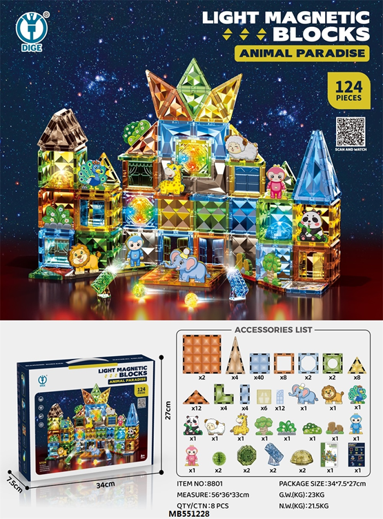 Svetleći 3D Magnetni Blokovi – Animal Paradise (124 delova)