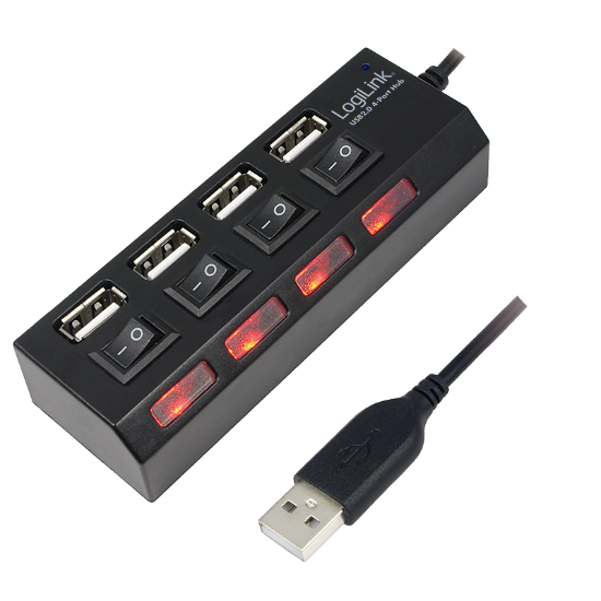 Logilink USB 2.0 HUB, 4-port, On/Off, crni sa napajanjem