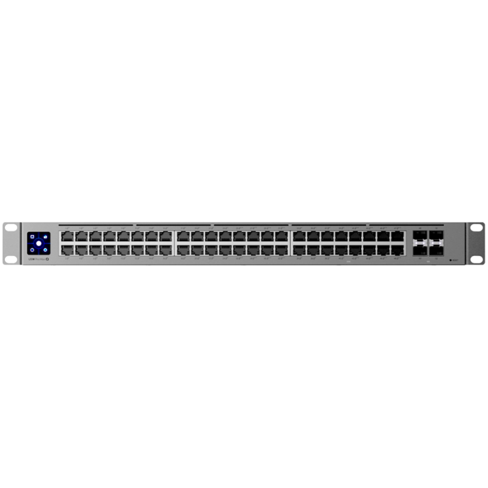 Ubiquiti 48-port, Layer 3 switch 2.5 GbE and PoE++ output, 16x 2.5 GbE ports including (8) PoE+ and (8) PoE++, 32x GbE ports including (24) PoE+ and (8) PoE++, 4x 10G SFP+ ports. Can power devices...