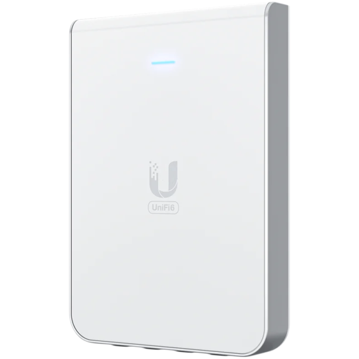 UniFi6 In-Wall. Wall-mounted WiFi 6 access point with a built-in PoE switch.
