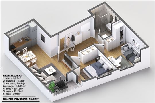 Odličan 2.5, 56m2, Humska novogradnja