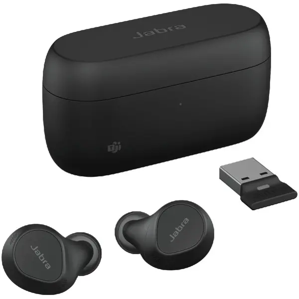 JABRA EVOLVE2 Buds UC, Cradle USB-C UC, Link 380 BT adapter USB-C UC, 30 cm USB-C to USB-A cable, Ear gels, USB-A to USB-C adapter, wirele